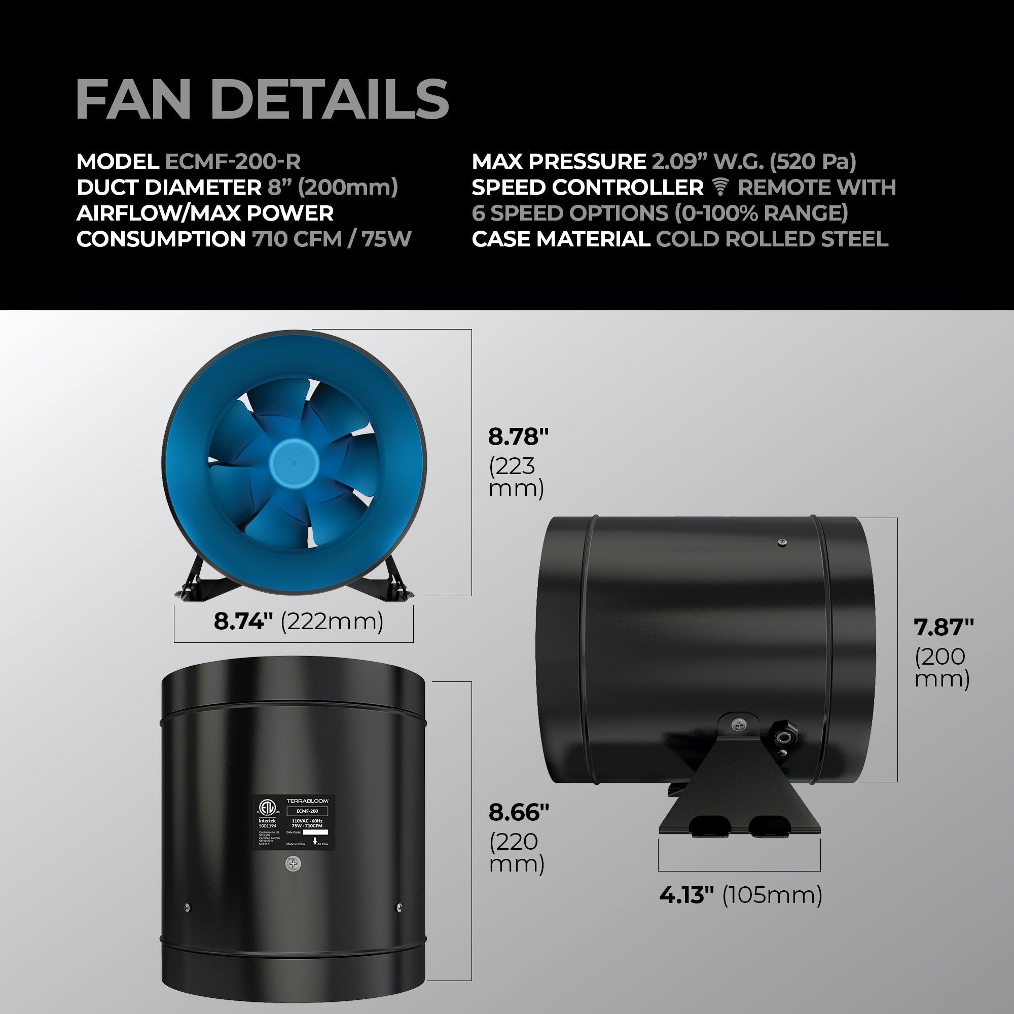 [2019 Model] TerraBloom 8" Inline Duct Fan, ECMF-200-R, 710 CFM, 75W