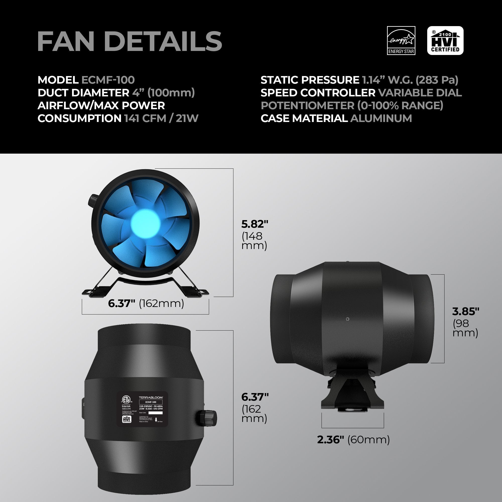 [Refurbished] TerraBloom 4" EC Inline Duct Fan with Variable Speed Con