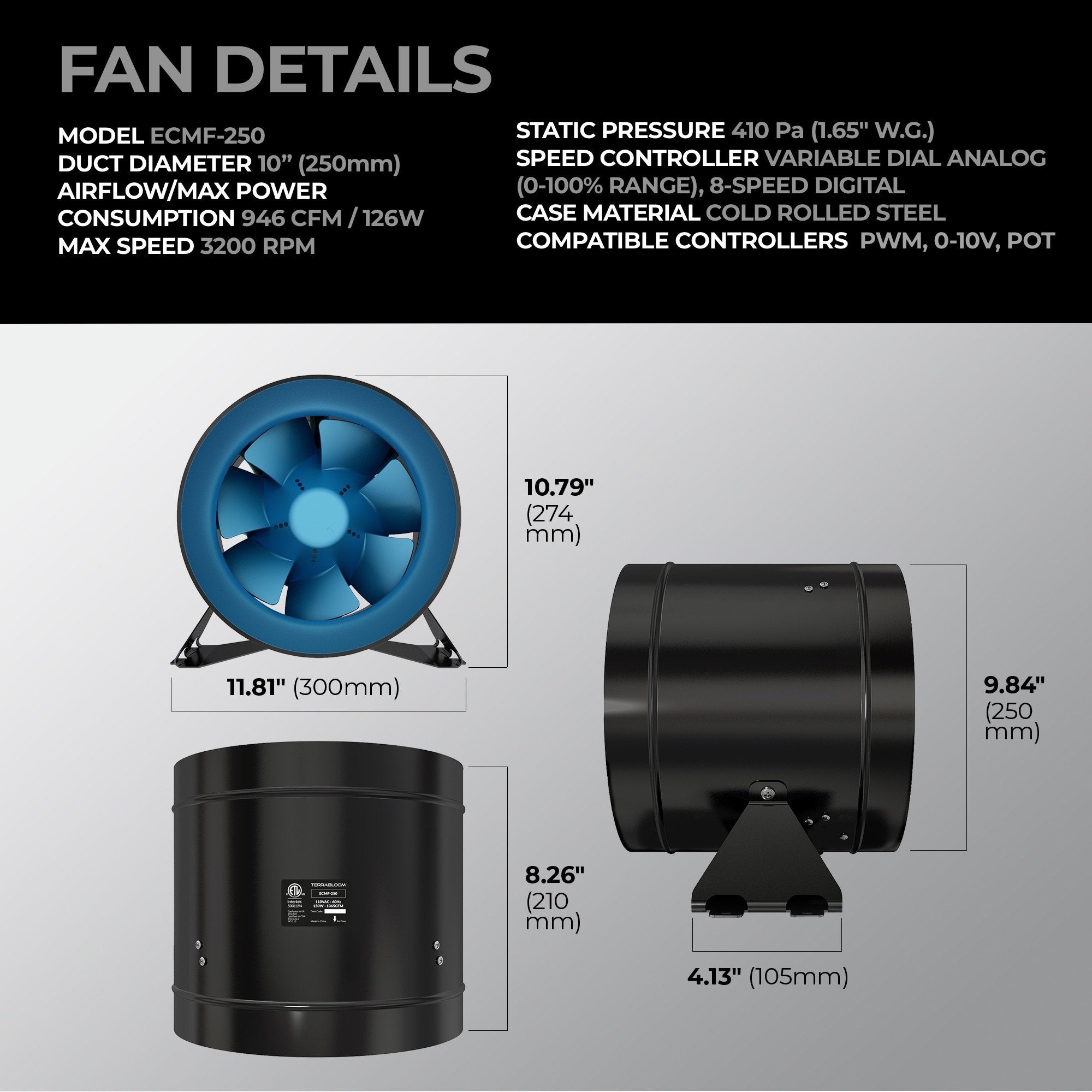 TerraBloom 10" EC Inline Duct Fan | 946 CFM | 126W | ETL Certified