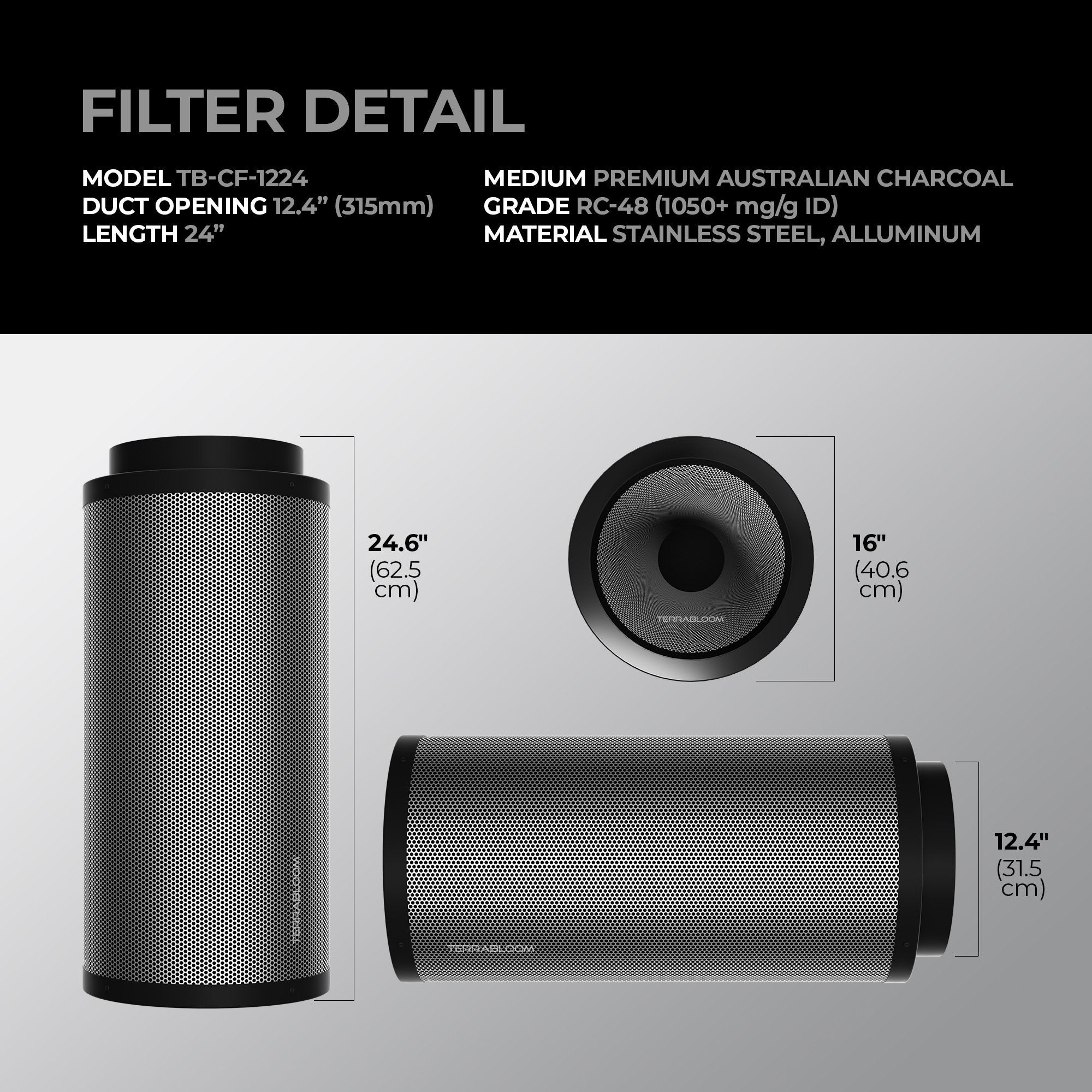 TerraBloom 12.4" (315mm) Carbon Air Filter 24" Long, 46mm Thick, Airfl
