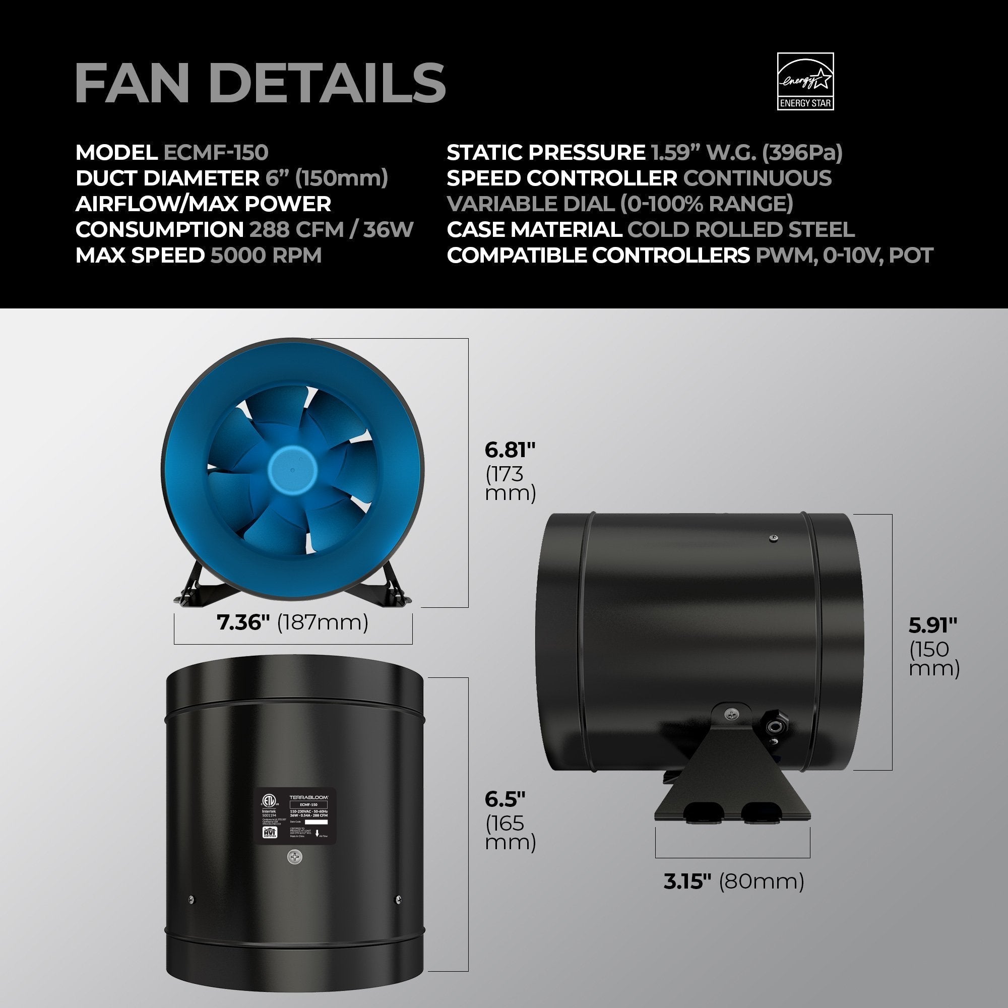 TerraBloom 6 inch EC fan | 288 CFM | 36 W | HVI and Energy Star Rated