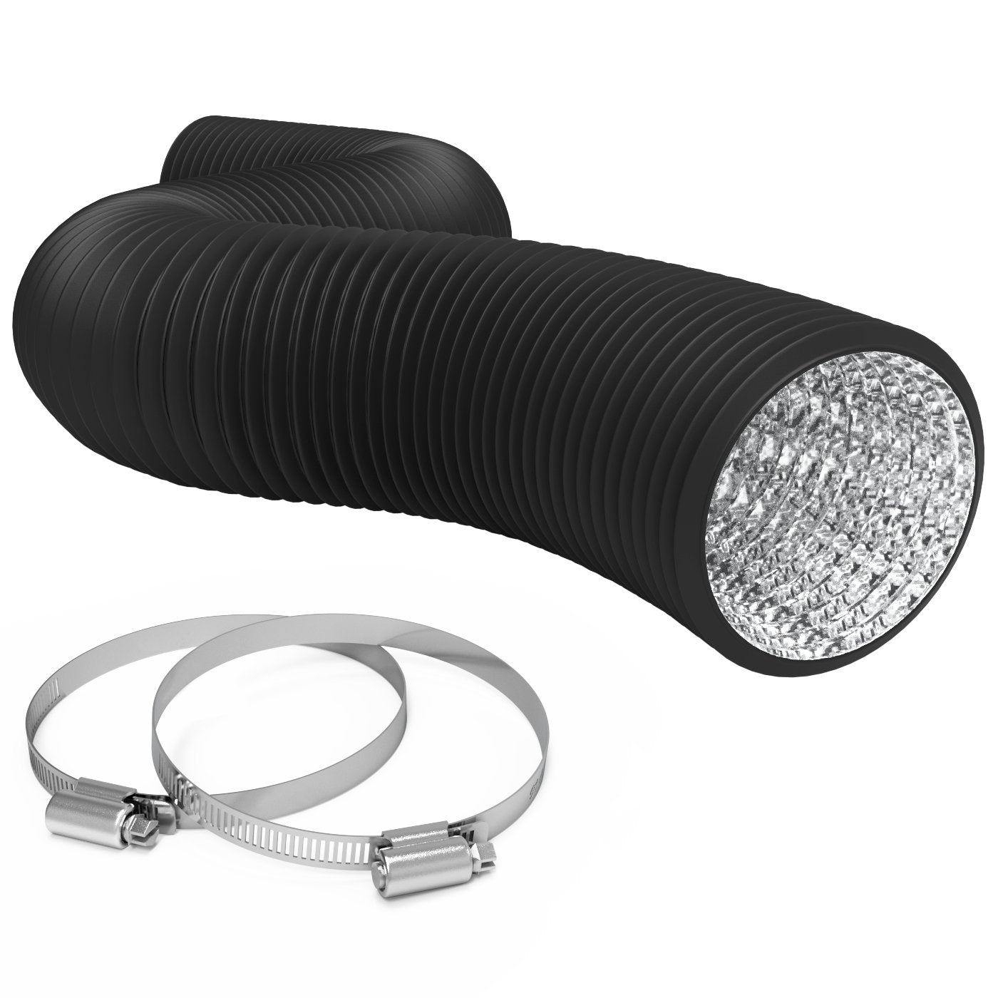 TerraBloom 8" Air Duct - 8 FT Long, Black Flexible Ducting with 2 Clam