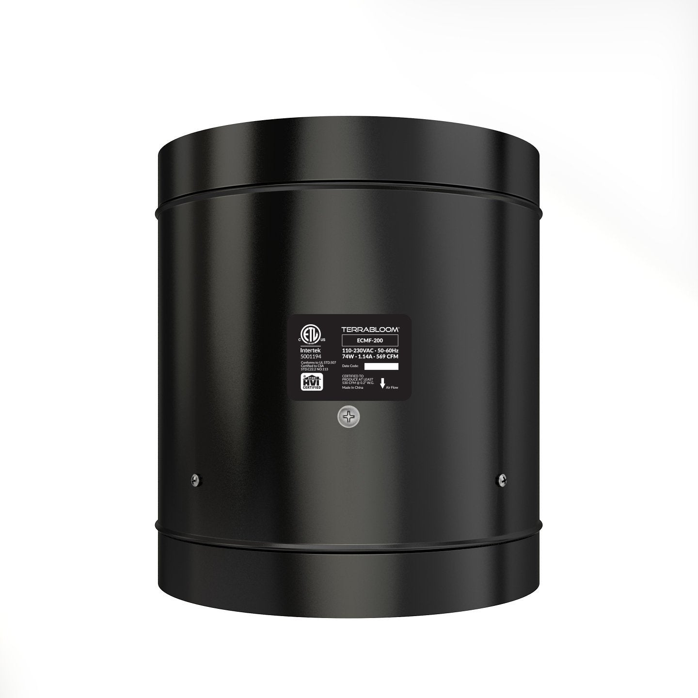 TerraBloom 8" EC Duct Fan with Variable Speed Controller, 569 CFM, 74W